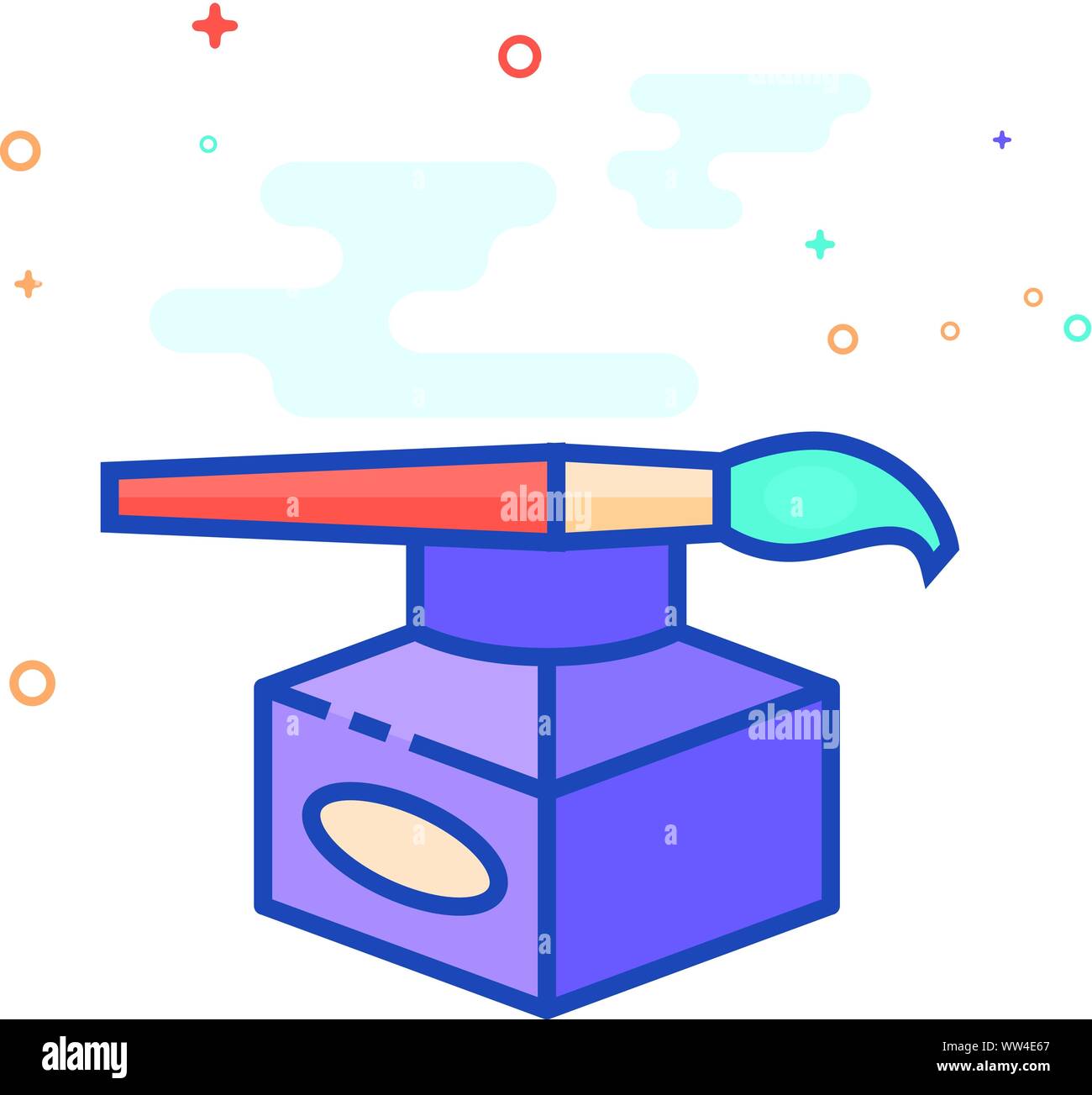 Ink pot icon with brush in outlined flat color style. Vector ...
