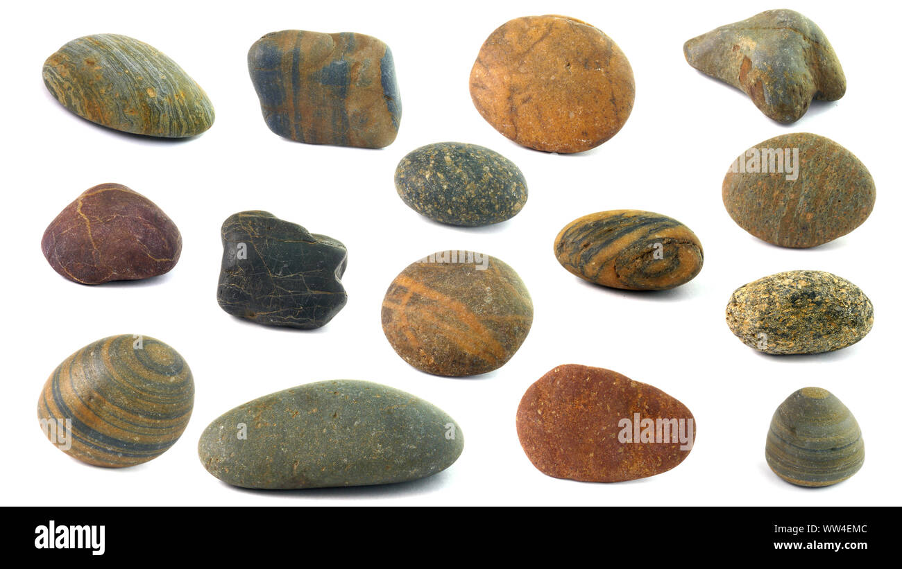 Stones collection. Different kind pebbles stones on white background ...
