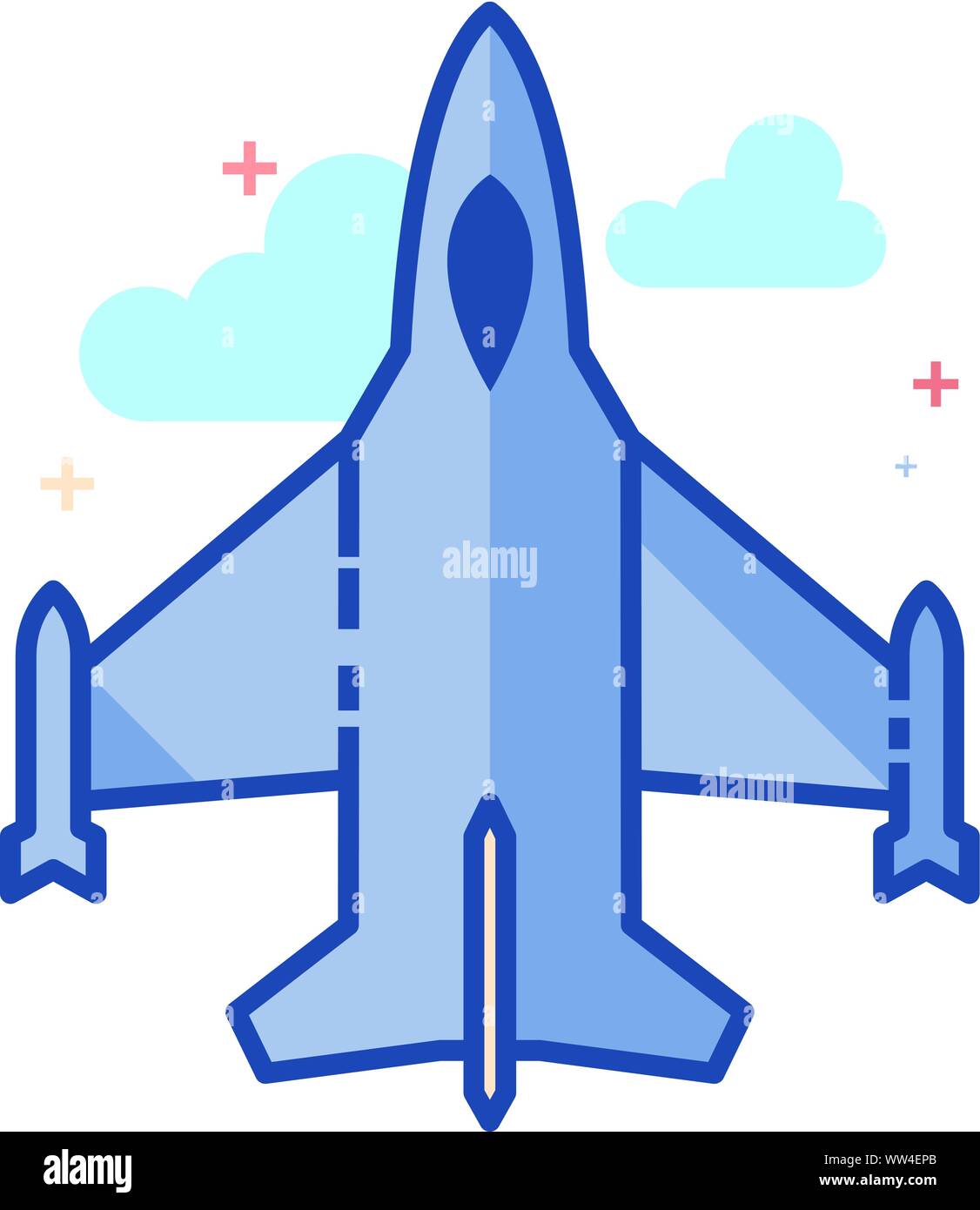 Fighter jet icon in outlined flat color style. Vector illustration ...
