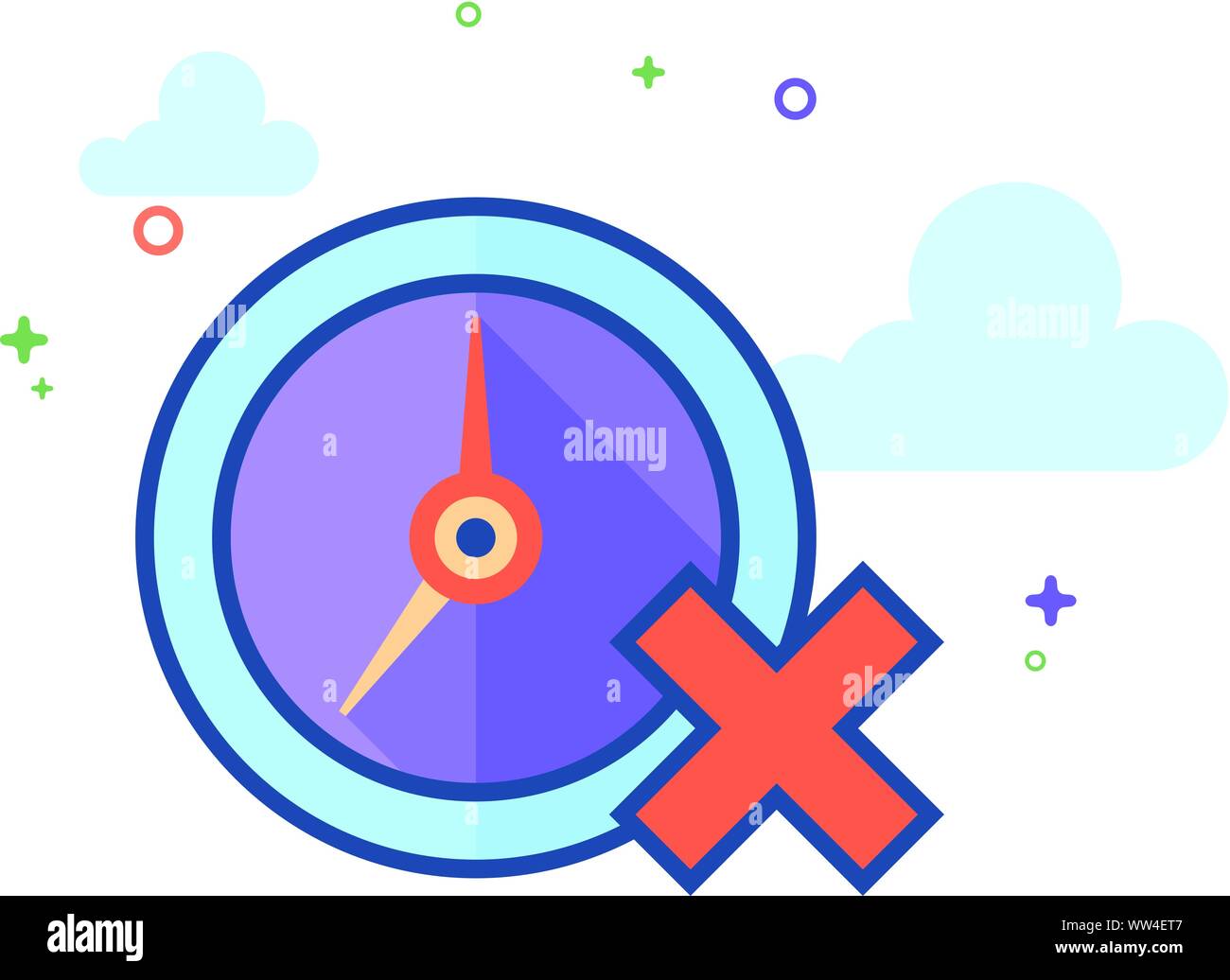 Clock with cross sign icon in outlined flat color style. Vector ...