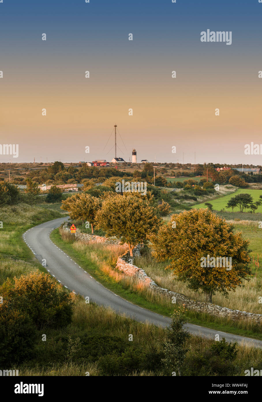 Landscape and country road at sunset at Hoburgen, Gotland, Sweden ...