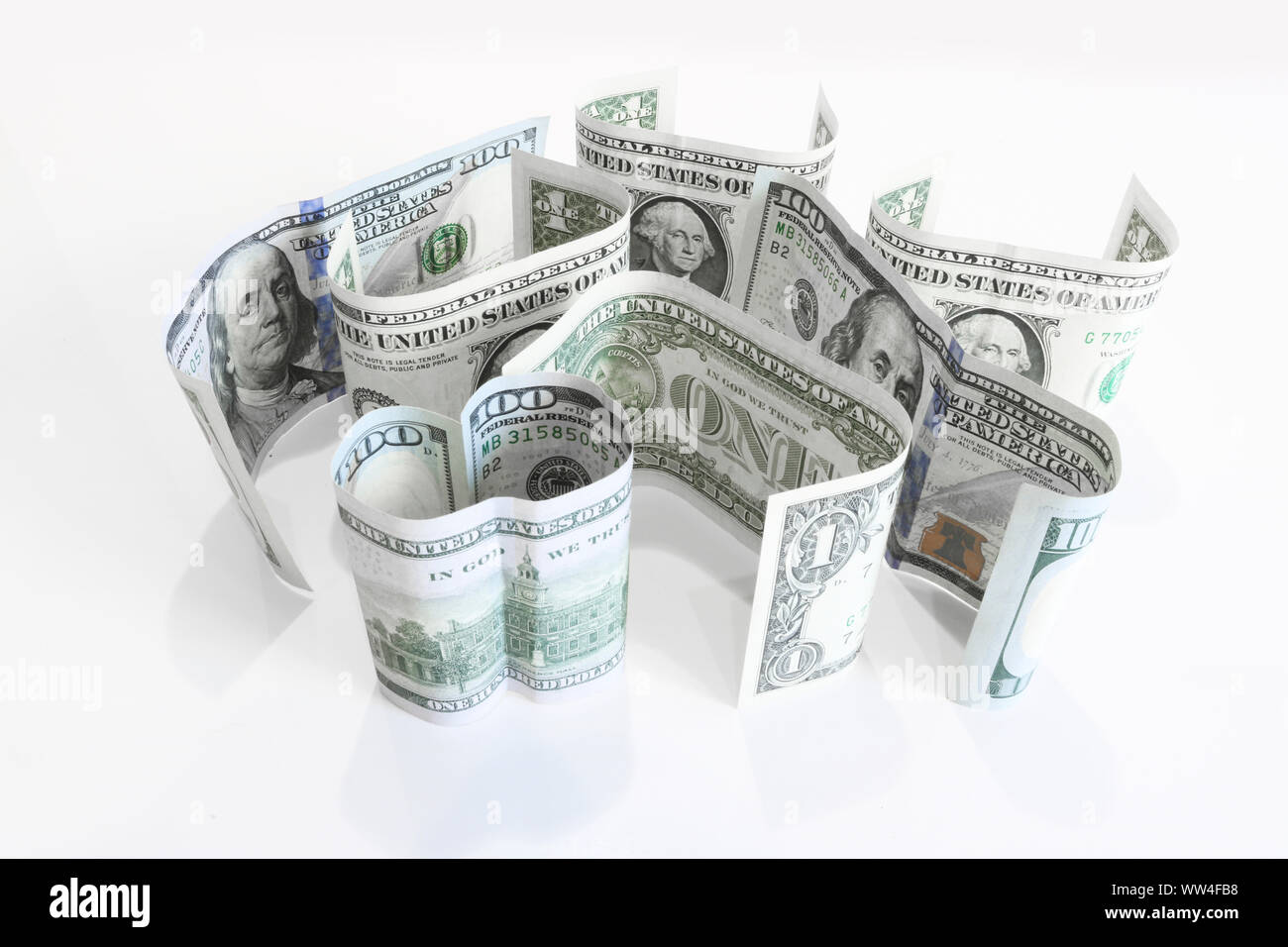 American currency - one-dollar and hundred-dollar bills stand on a ...