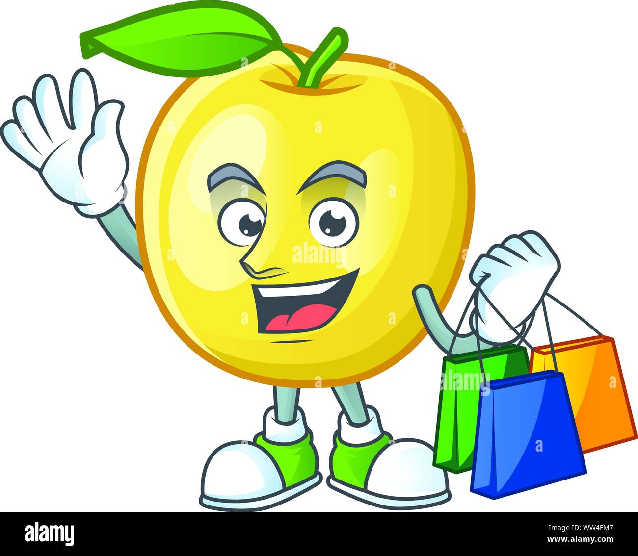 Shopping golden apple fruit cartoon on white background Stock Vector ...