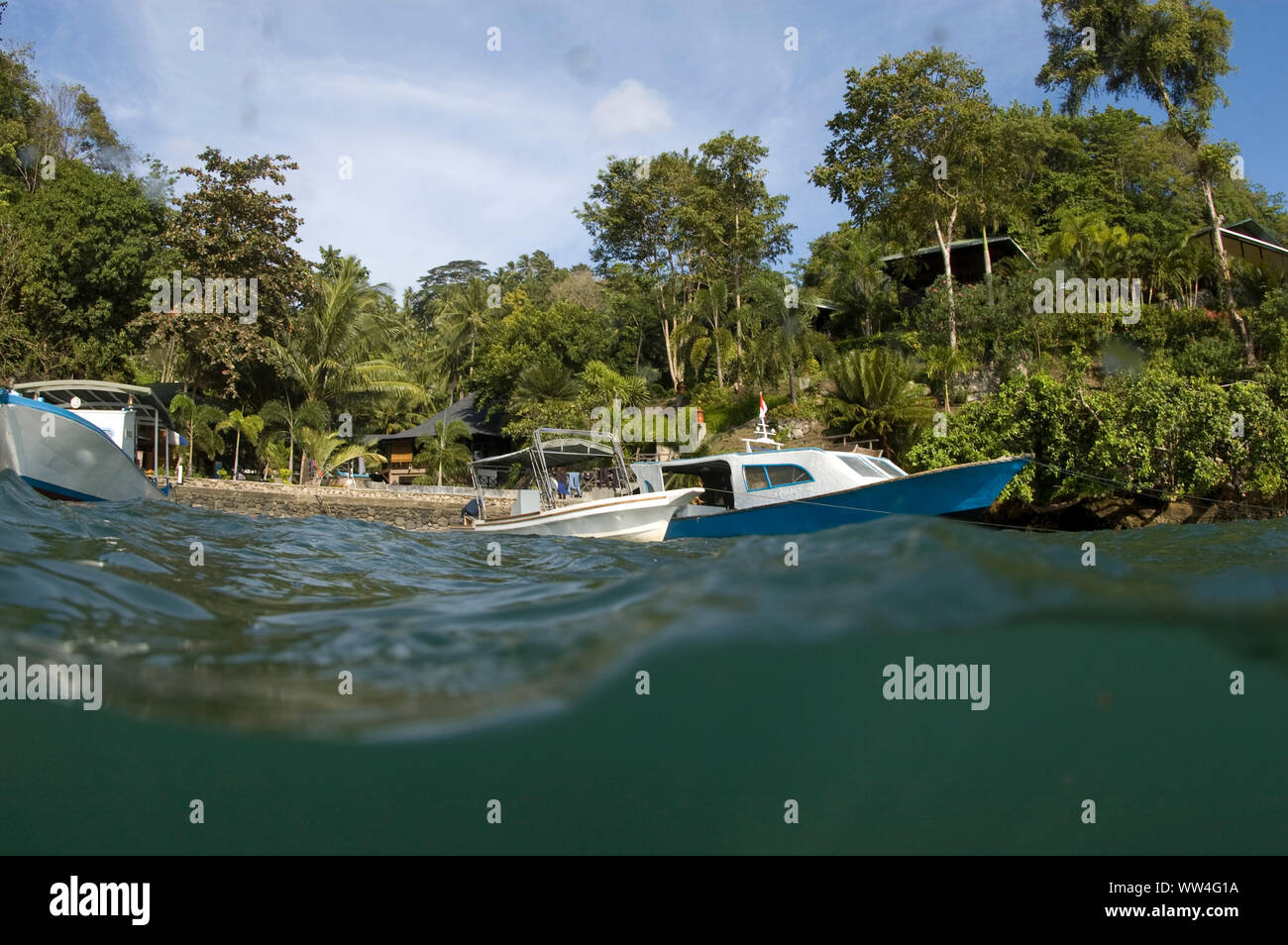 Resort with dive boats and bungalows from sea, Lembeh Straits, Sulawesi ...