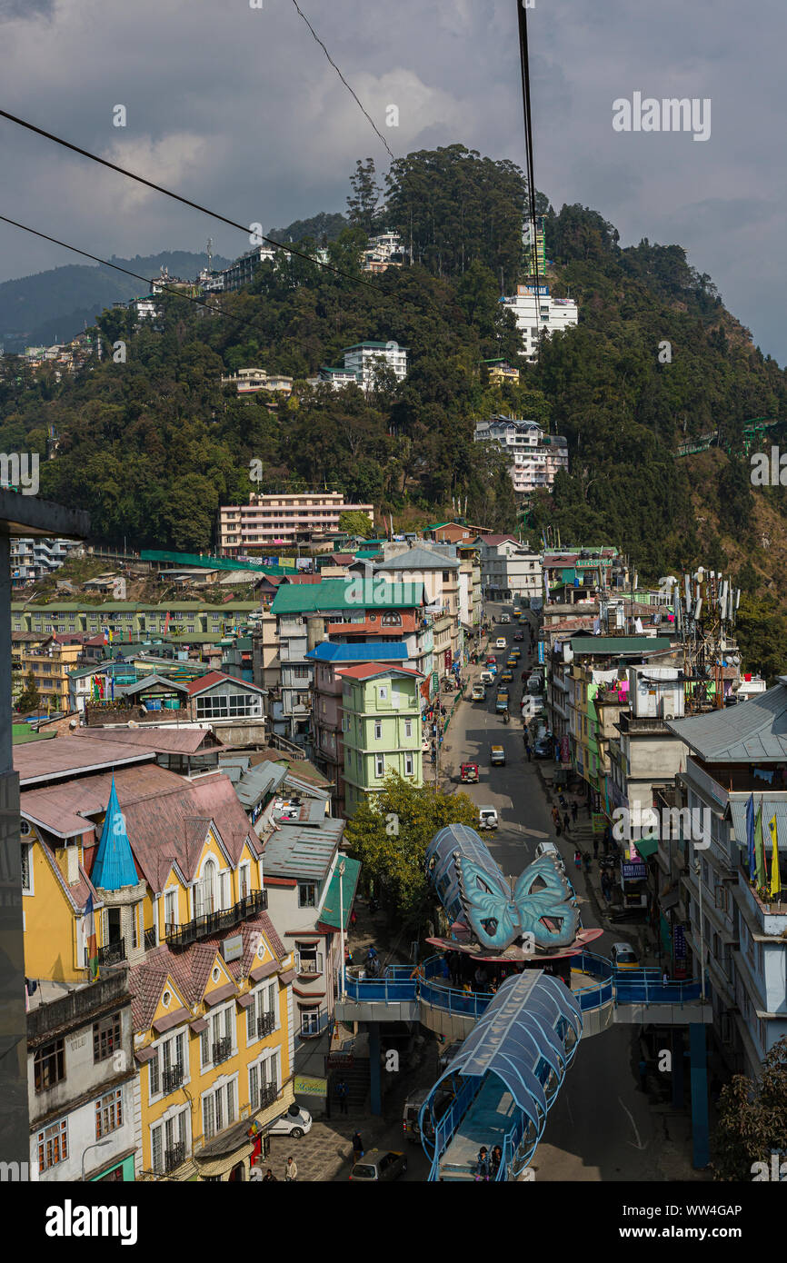 Aerial view from a ropeway of the city of Gangtok in the state of ...
