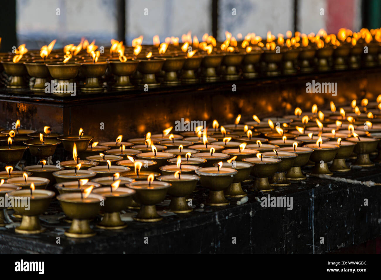Prayer lamps inside the Rumtek Monastery in the city of Gangtok in the ...