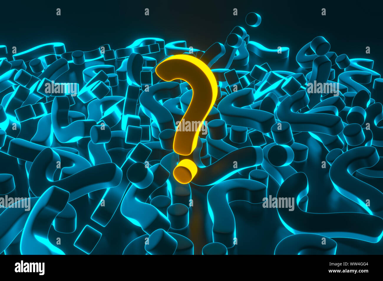 Yellow question mark on a mountain of question marks. FAQ concept. 3d rendering Stock Photo - Alamy