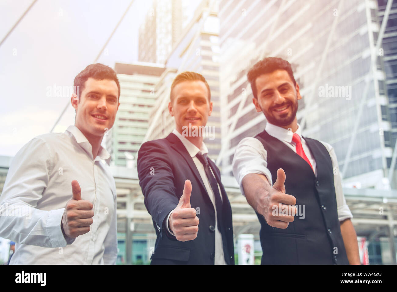 group of young new business man thumb up good working partner in ...