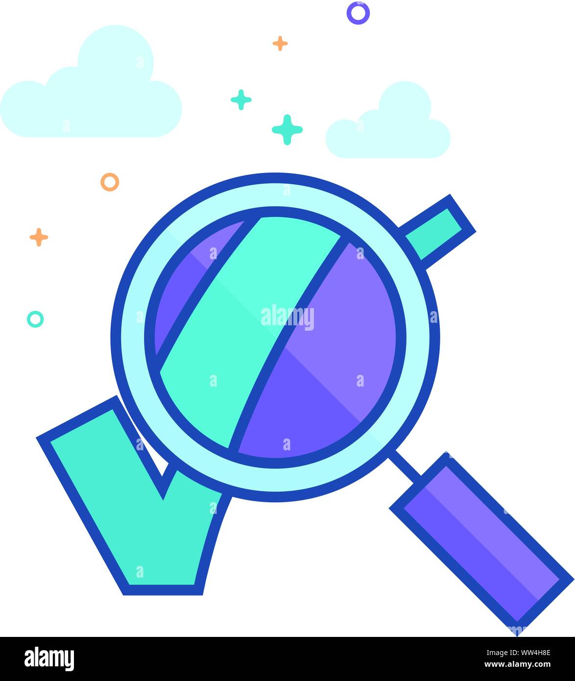 Magnifier check mark icon in outlined flat color style. Vector ...