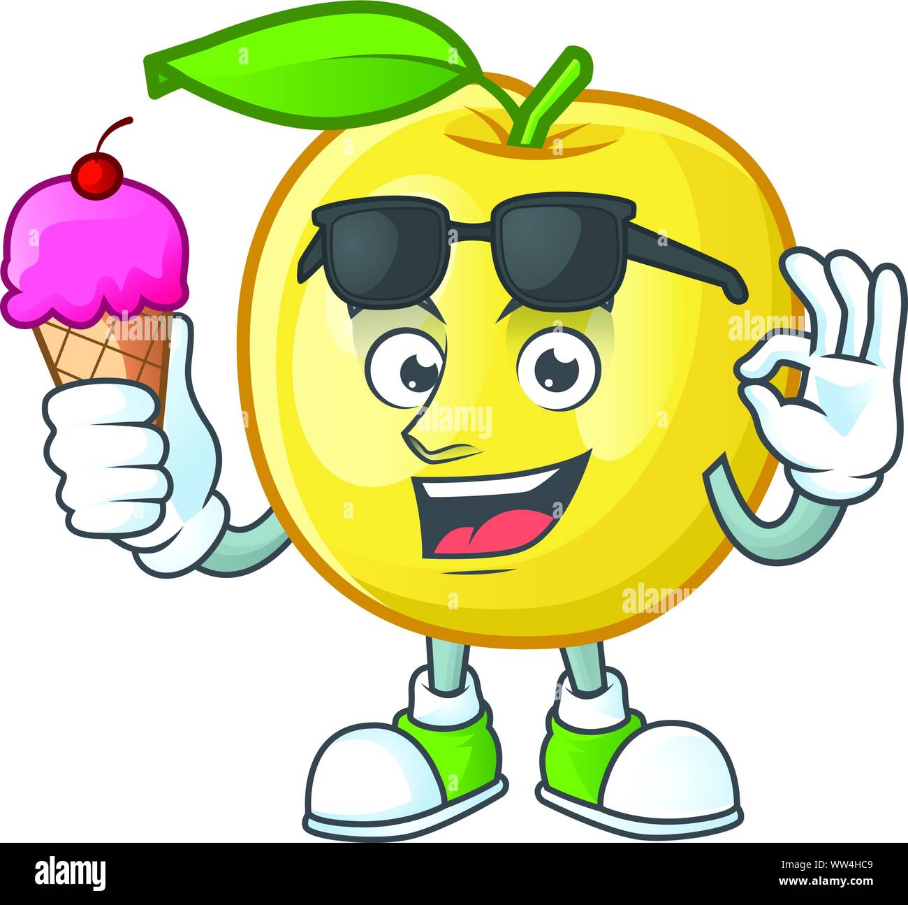 With ice cream golden apple fruit cartoon on white background Stock ...