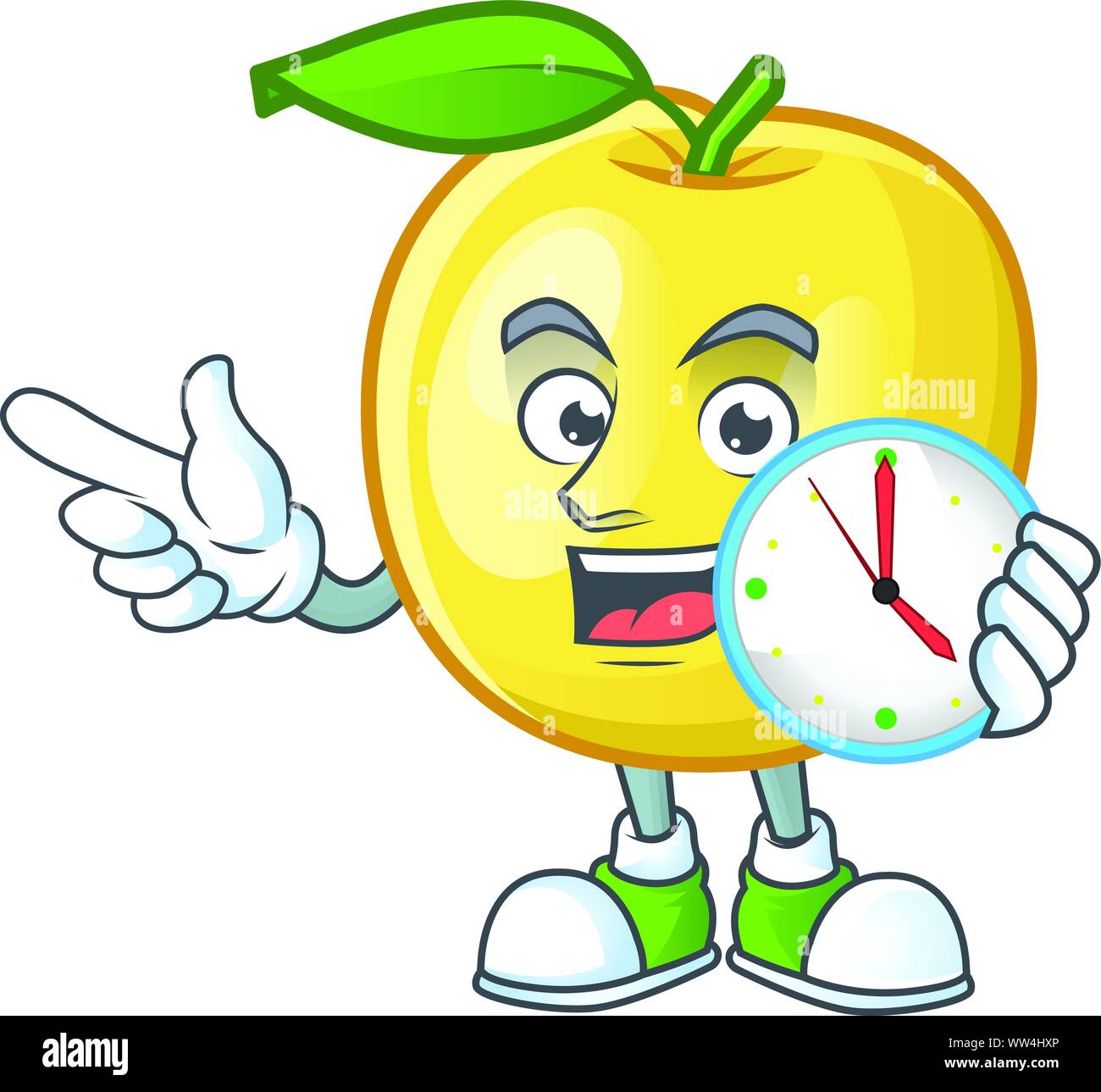 With clock golden apple fruit cartoon on white background Stock Vector ...