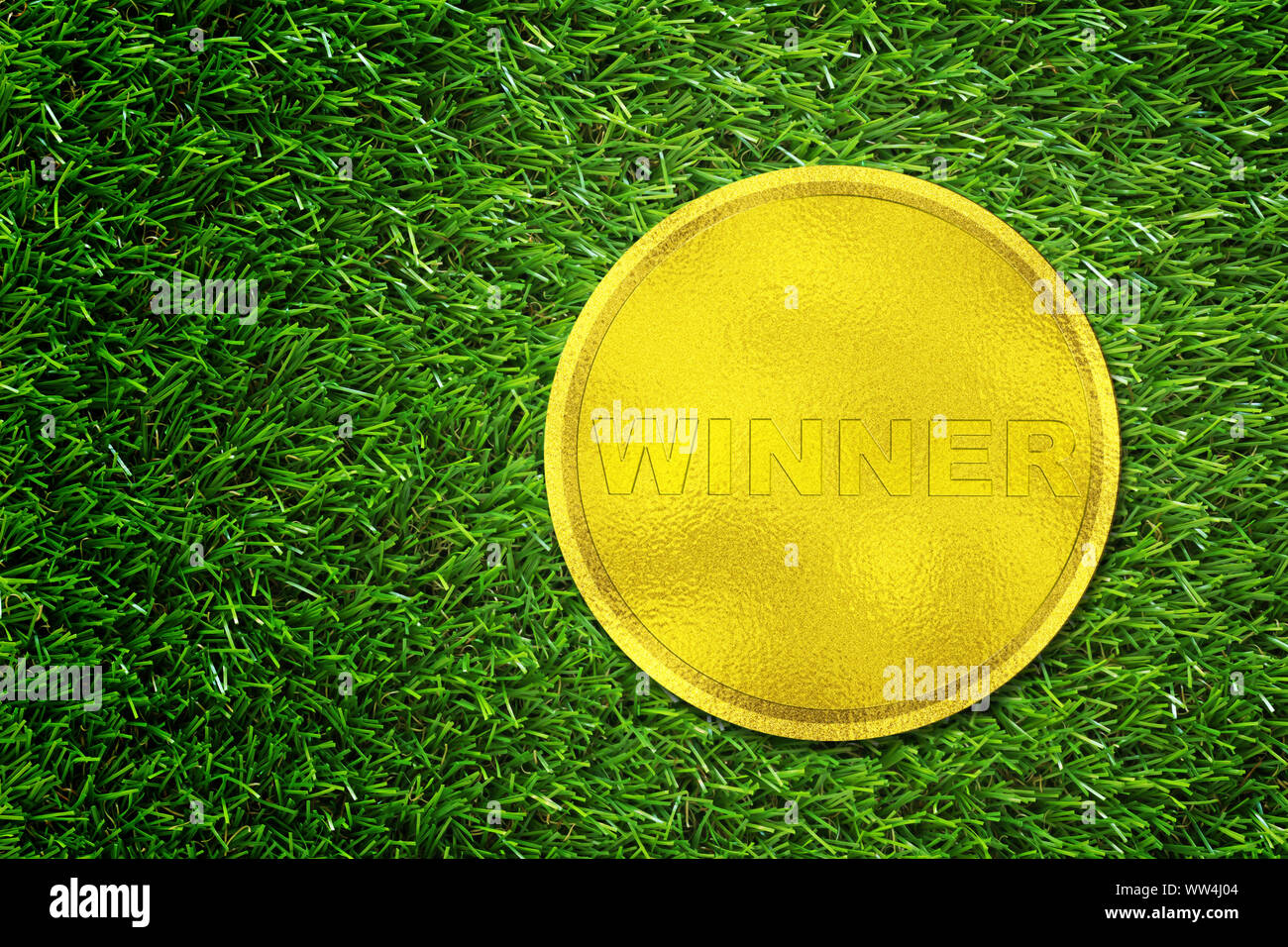 Business success concept, competition winner, gold medal on green grass ...