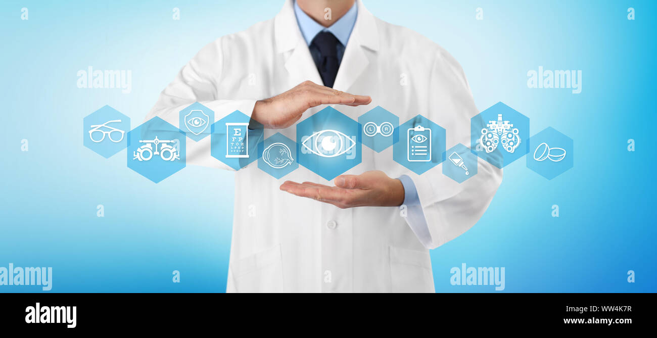 concept of eye examination, optician hands protecting eye icon ...