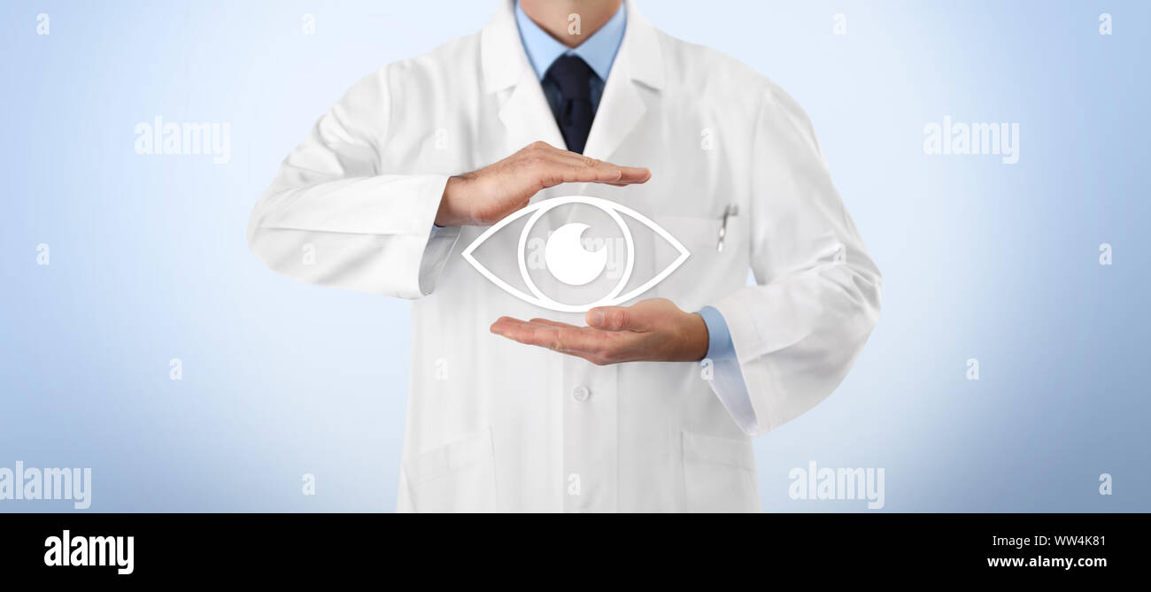 concept of eyes examination, optician hands protecting eye icon ...