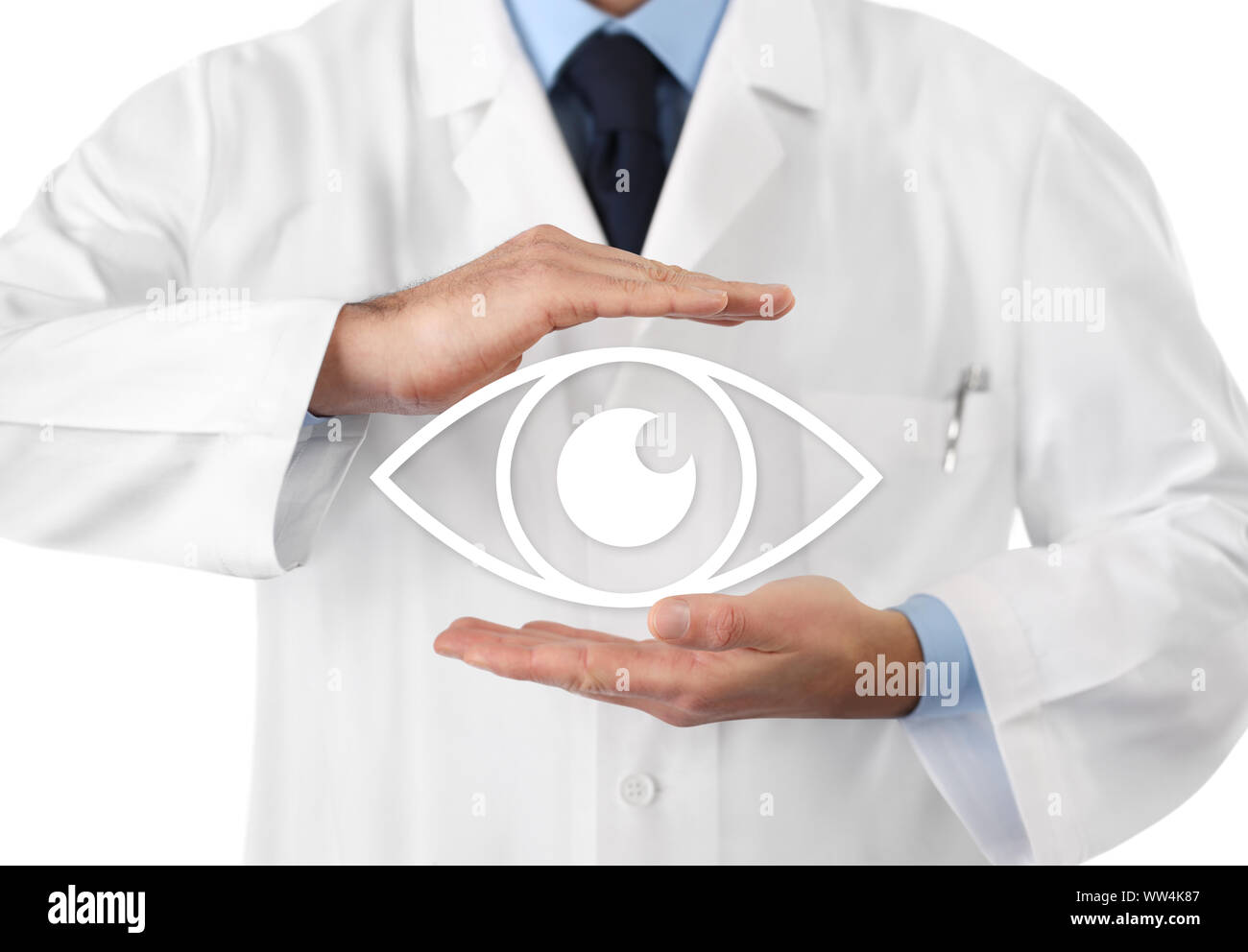 concept of eyes examination, optician hands protecting eye icon ...