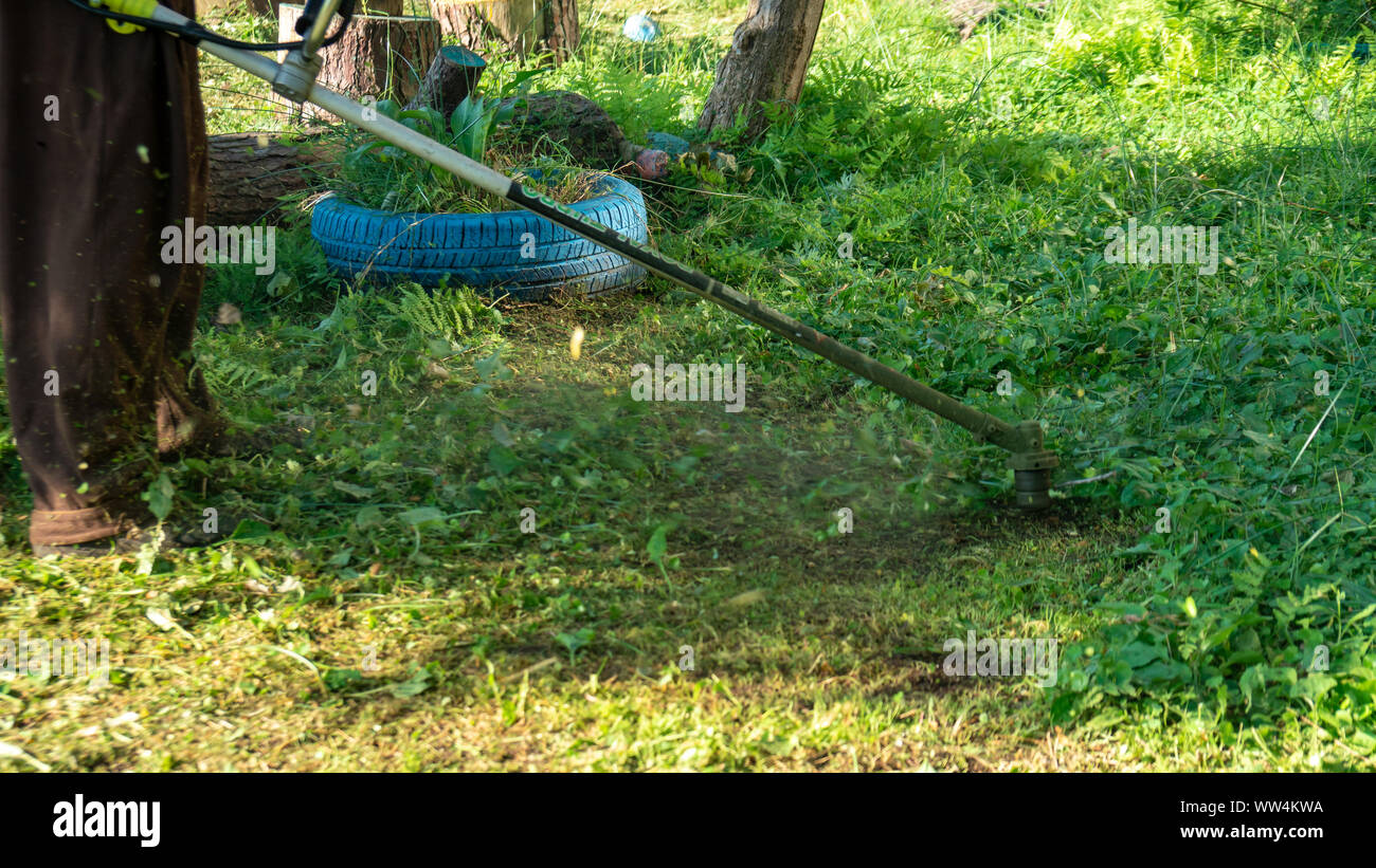 The gardener cutting grass by lawn mower, lawn care. Nature Stock Photo ...