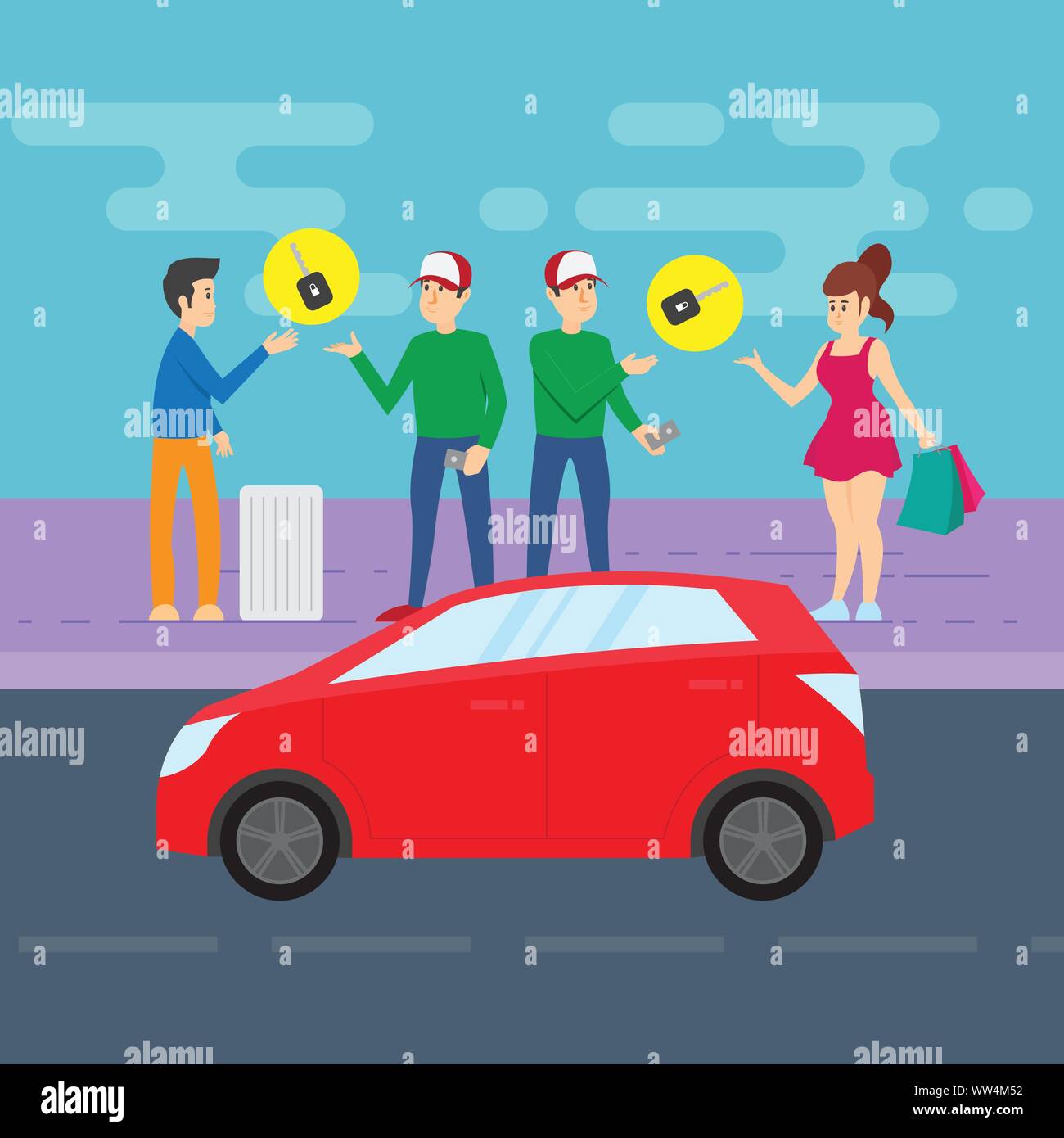 Group of people and a vehicle. Car sharing concept. Vector illustration ...