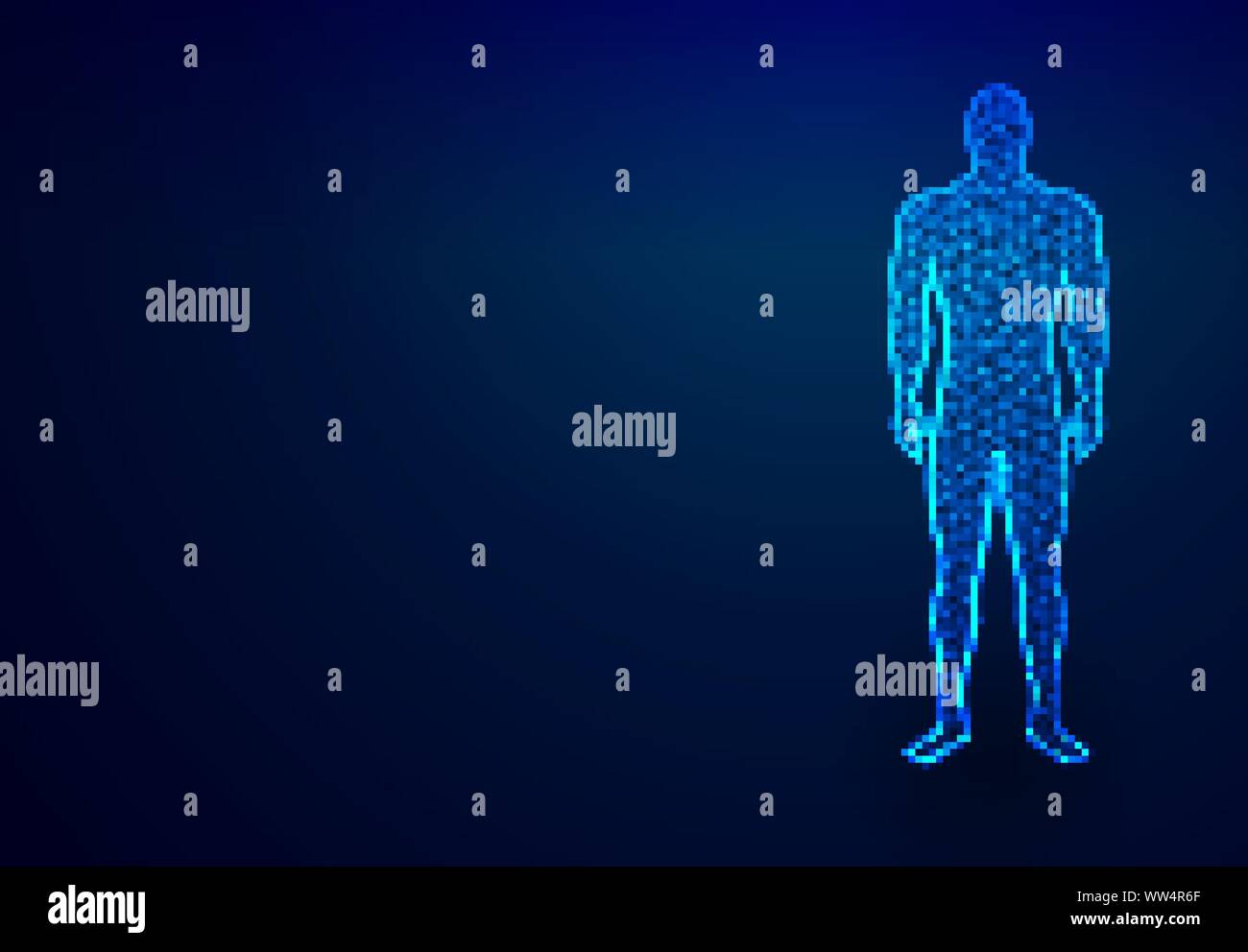 human body in virtual reality. Medical blue print scanned 3D model ...
