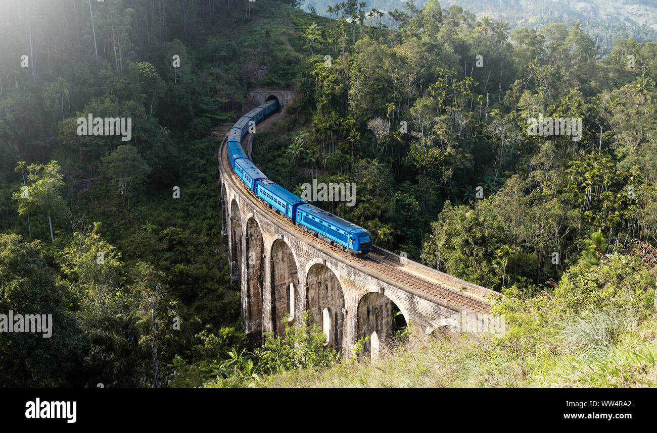 Train arriving at famous Nine arches bridge in Ella, Sri Lanka Stock ...