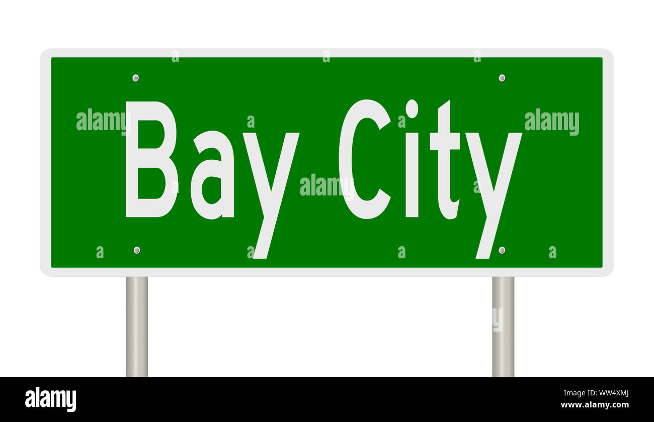 Rendering of a green road sign for Bay City Michigan Stock Photo - Alamy