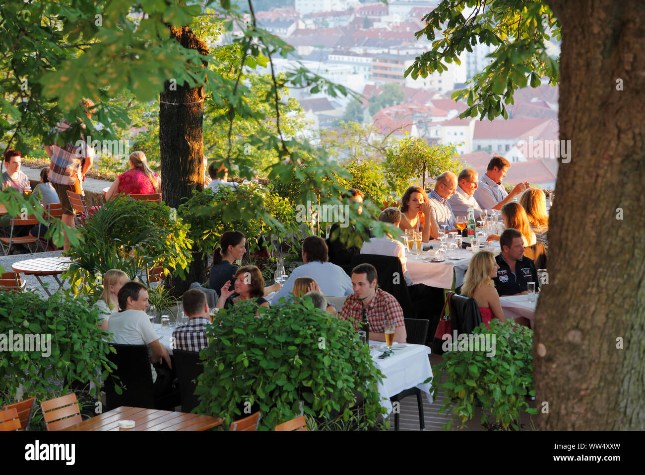 Beer garden of castle mountain restaurant, castle mountain, Graz ...