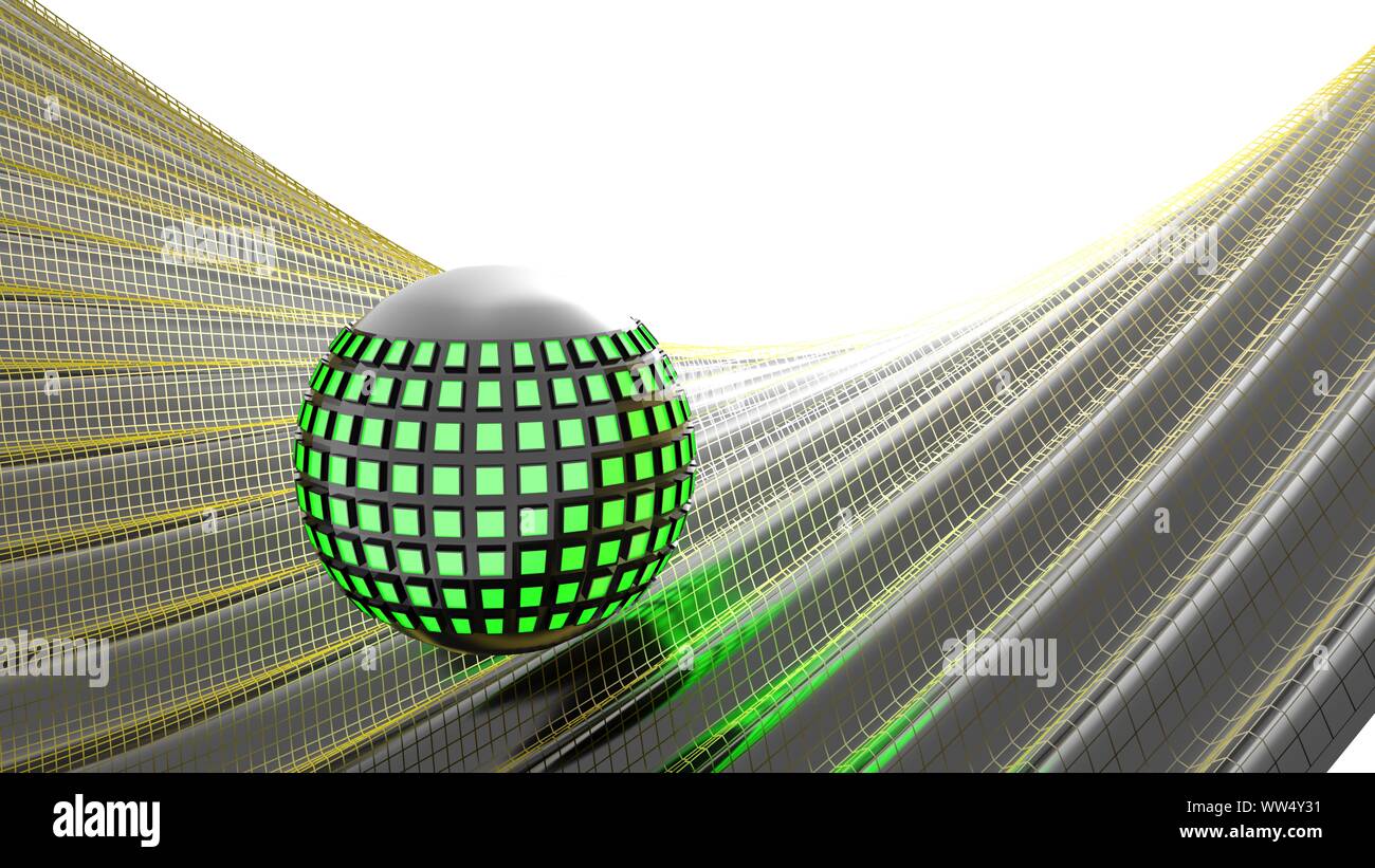 Black sphere with green lights, on a waved black surface - 3D rendering ...