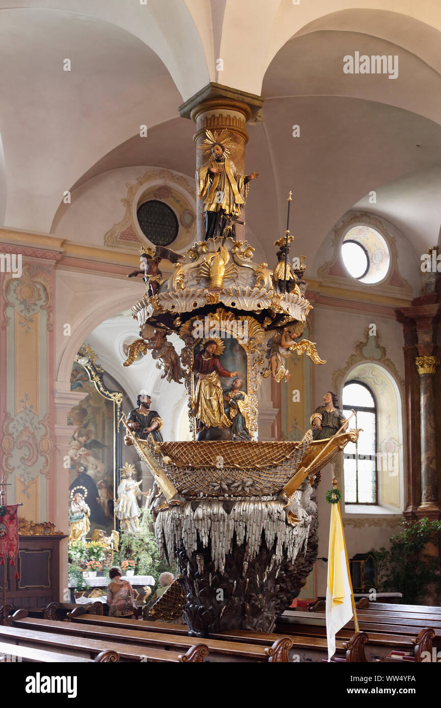 Fisherman pulpit in parish church, Traunkirchen, Salzkammergut, Upper ...