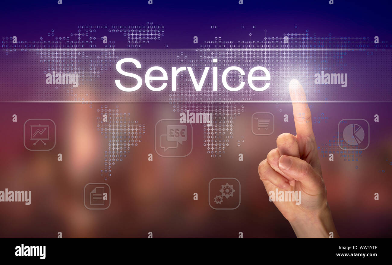 A hand selecting a Service business concept on a clear screen with a ...
