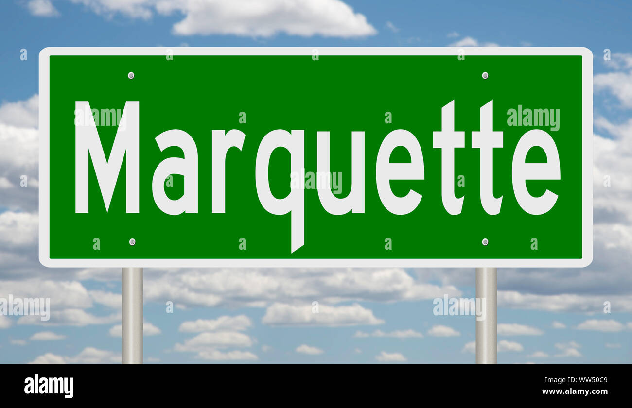 Rendering of a green road sign for Marquette Michigan Stock Photo - Alamy