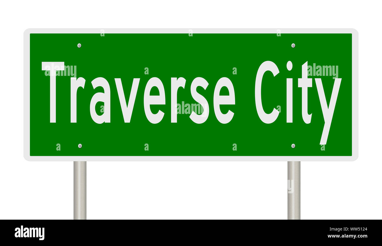 Rendering of a green road sign for Traverse City Michigan Stock Photo ...