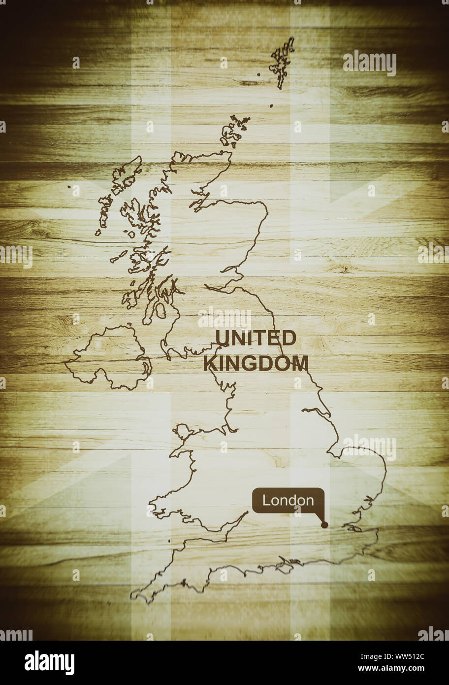 United Kingdom map, dirty wooden background, texture, blurred image ...