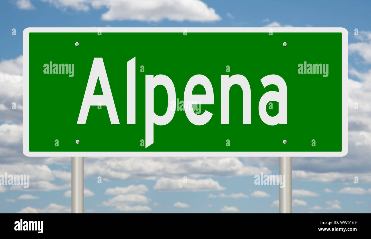 Rendering of a green road sign for Alpena Michigan Stock Photo - Alamy