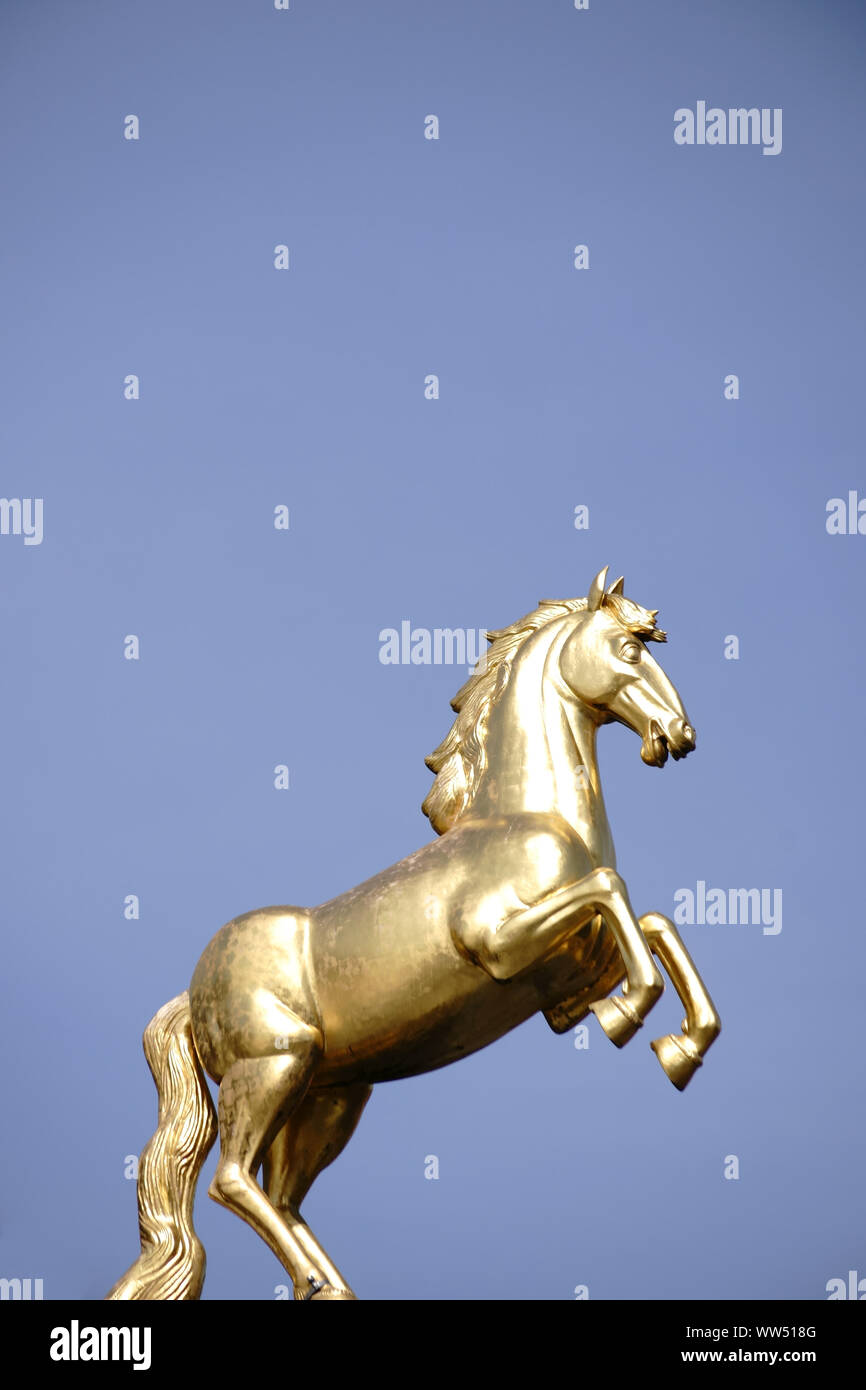 Mainz, Germany, golden horse sculpture on the roof of the Landesmuseum ...