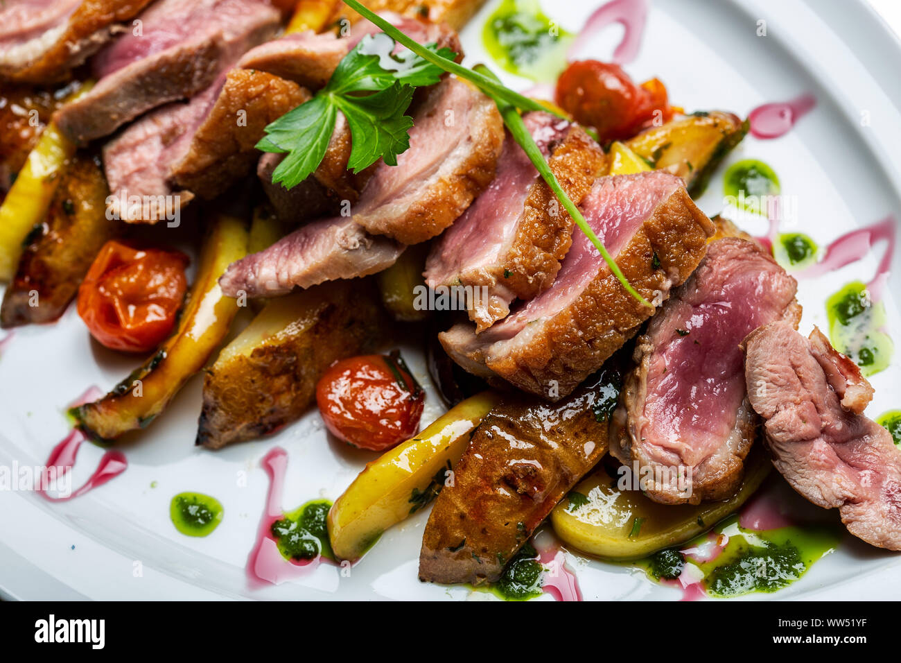 Gourmet roast beef dish with rare meat and extreme detail Stock Photo ...