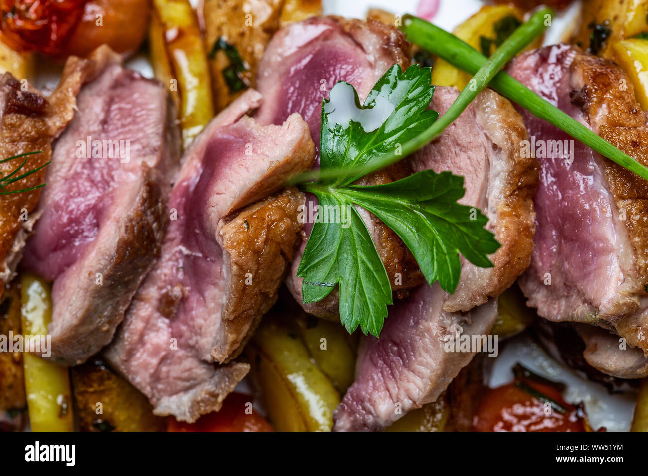 Gourmet roast beef dish with rare meat and extreme detail Stock Photo ...