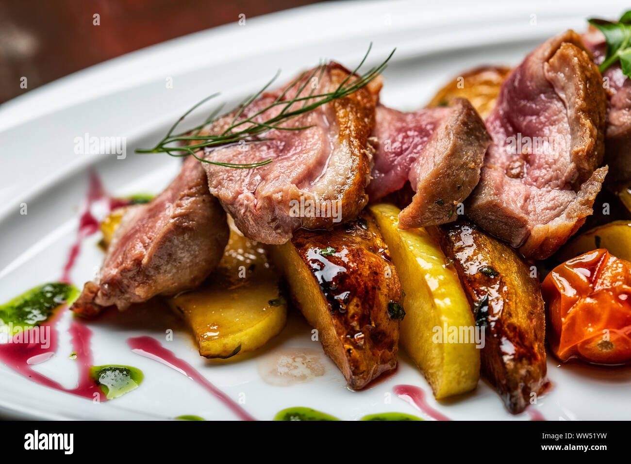Gourmet roast beef dish with rare meat and extreme detail Stock Photo ...