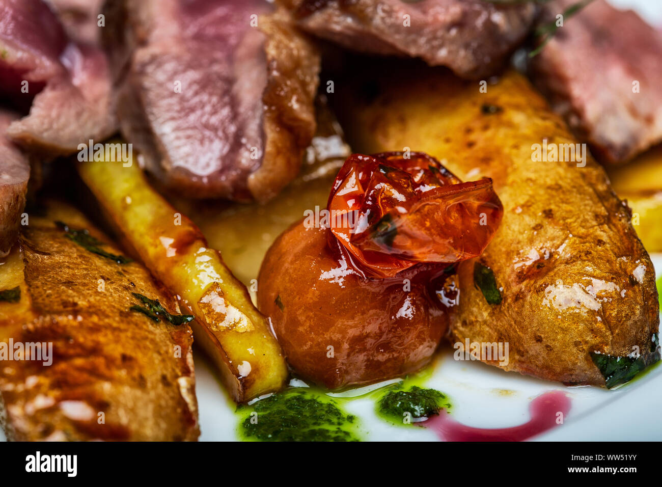 Gourmet roast beef dish with rare meat and extreme detail Stock Photo ...