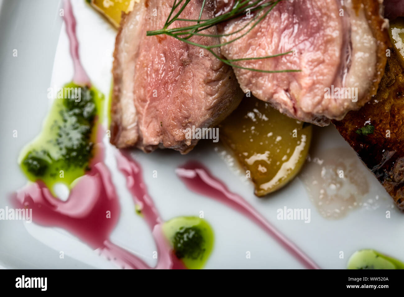 Gourmet roast beef dish with rare meat and extreme detail Stock Photo ...