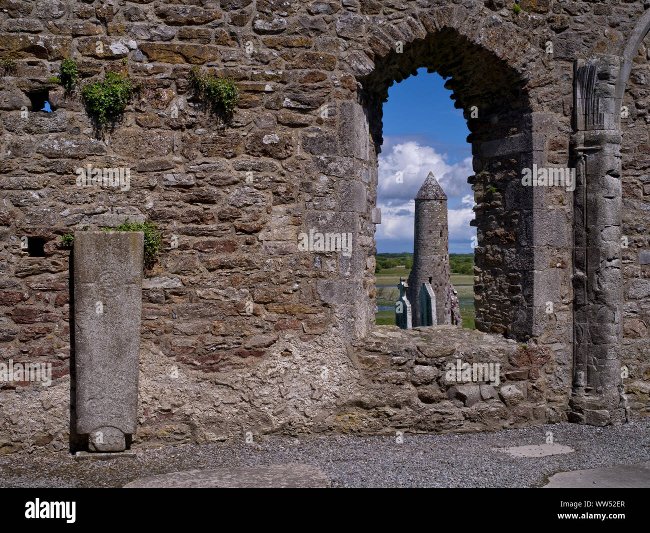 Ireland, County Offaly, monastery complex Clonmacnoise, window view on ...