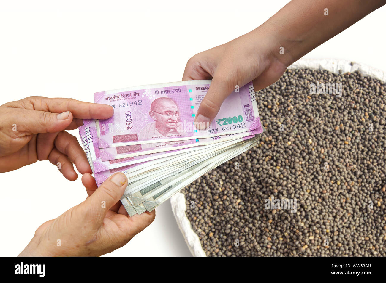 Hand Giving Indian 500 and 2000 Rupee Bank Notes over bag, Burlap full ...