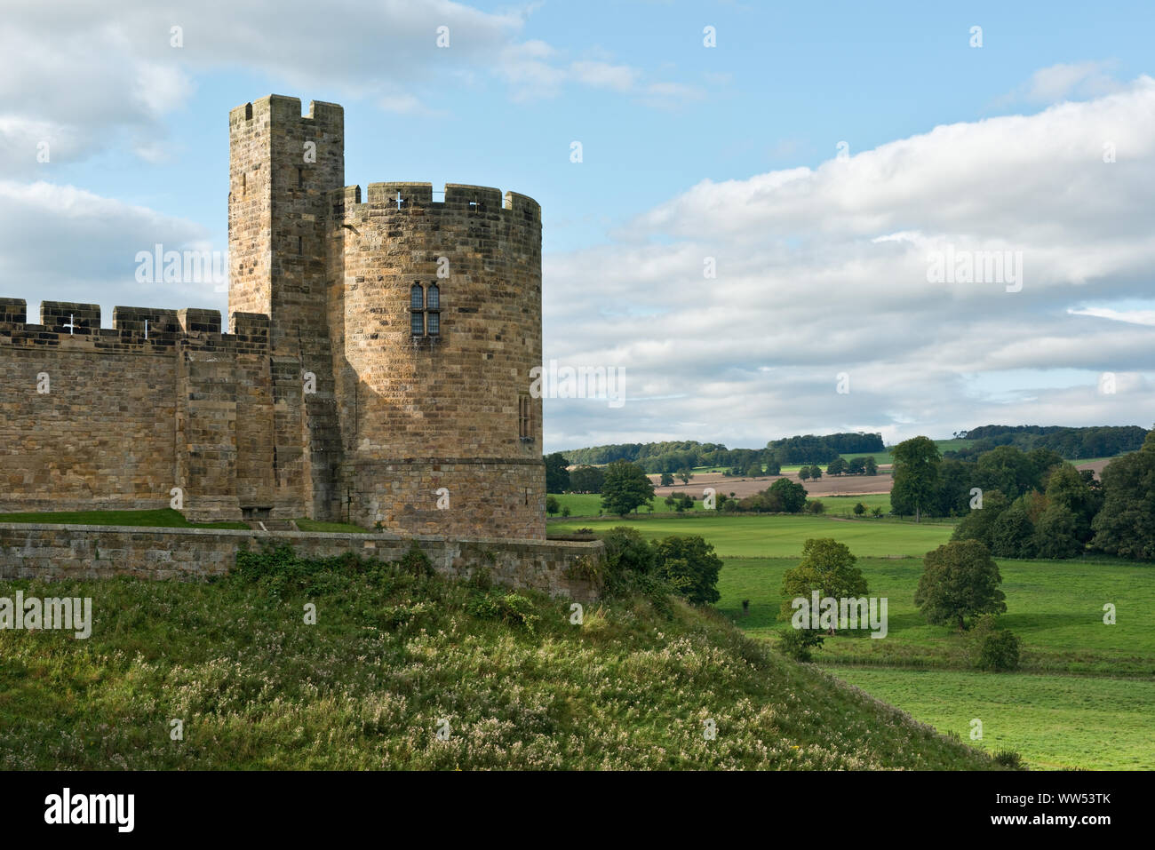 Tower and wall of Alnwick Castle. Northumberland, England Stock Photo ...