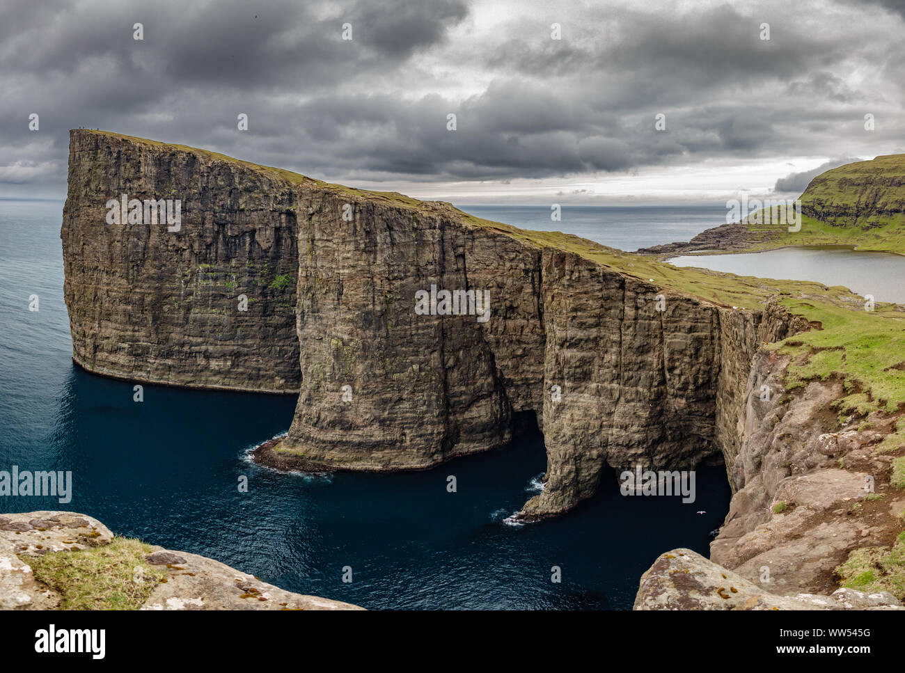 Sorvagsvatn lake over the ocean spectacular panorama, Faroe Islands ...