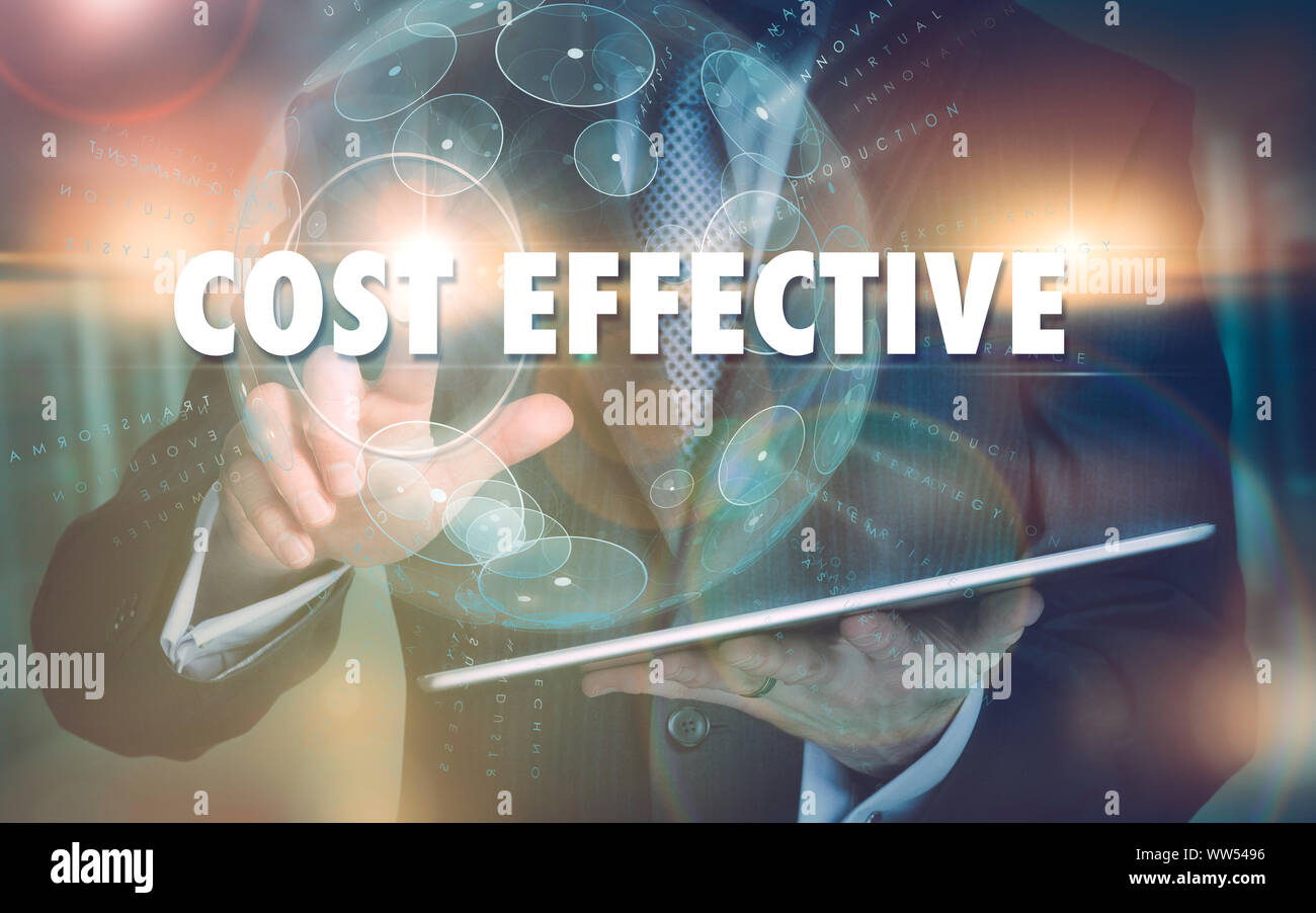 A hand selecting a Cost Effective business concept on a futuristic ...