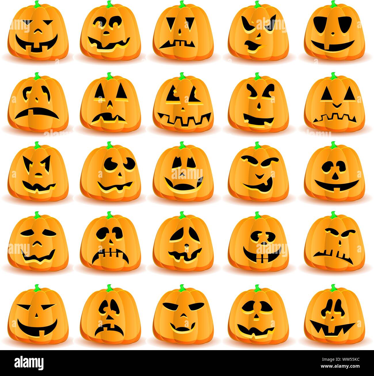 Set of 25 halloween pumpkins with Jack O`Lantern face, vector ...
