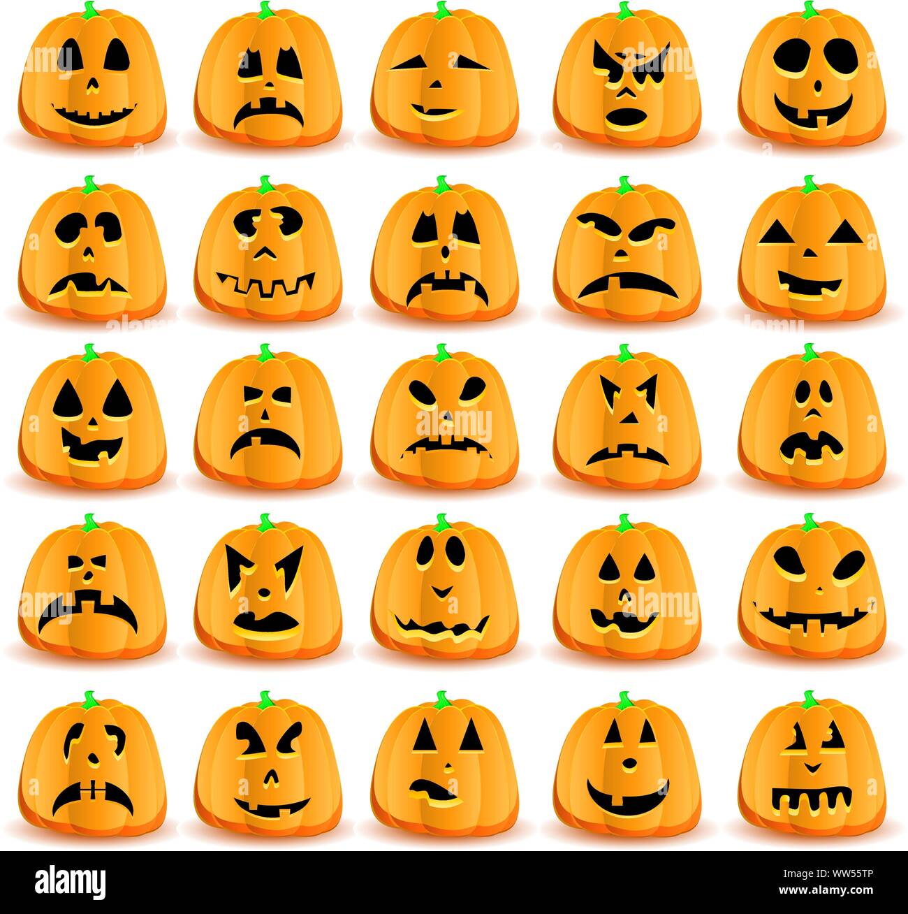 Set of 25 halloween pumpkins with Jack O`Lantern face, vector ...