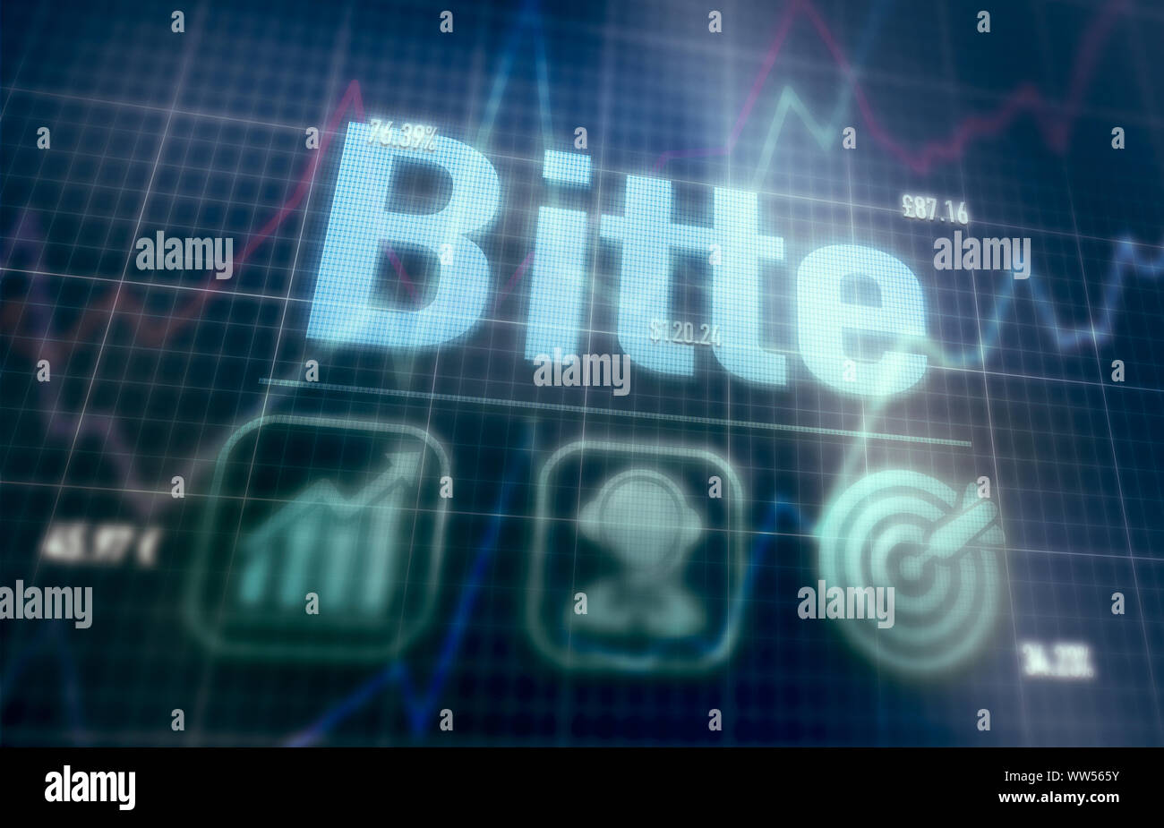 Please "Bitte" German concept on a blue dot matrix computer display ...