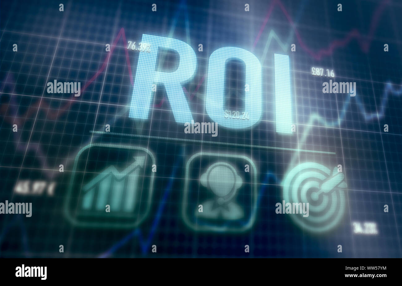Return on Investment concept on a blue dot matrix computer display ...