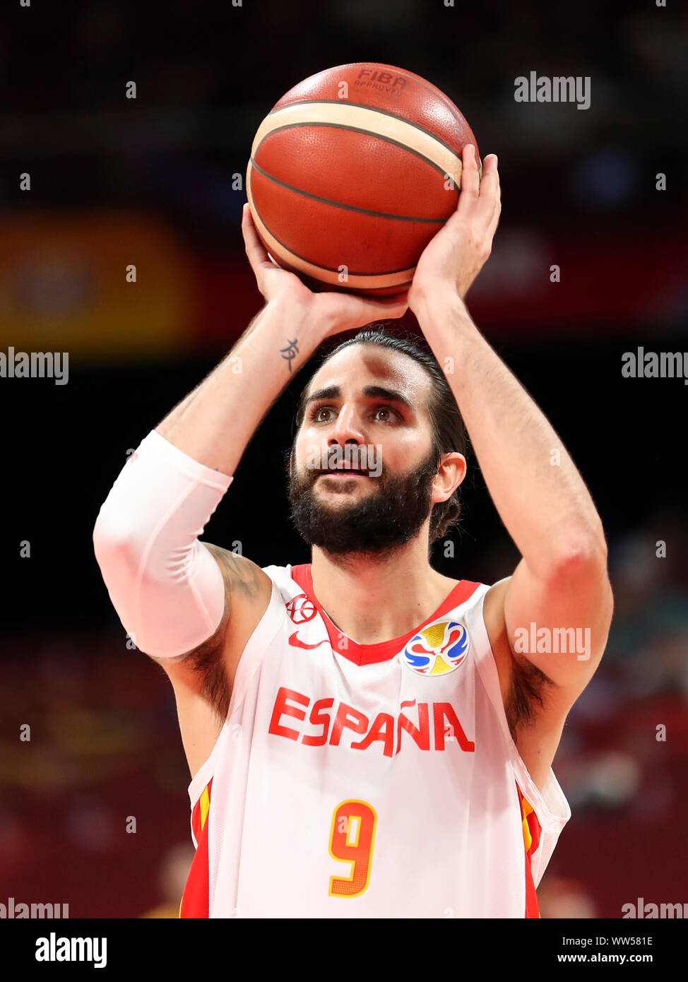 Beijing, China. 13th Sep, 2019. Ricky Rubio of Spain shoots a free ...