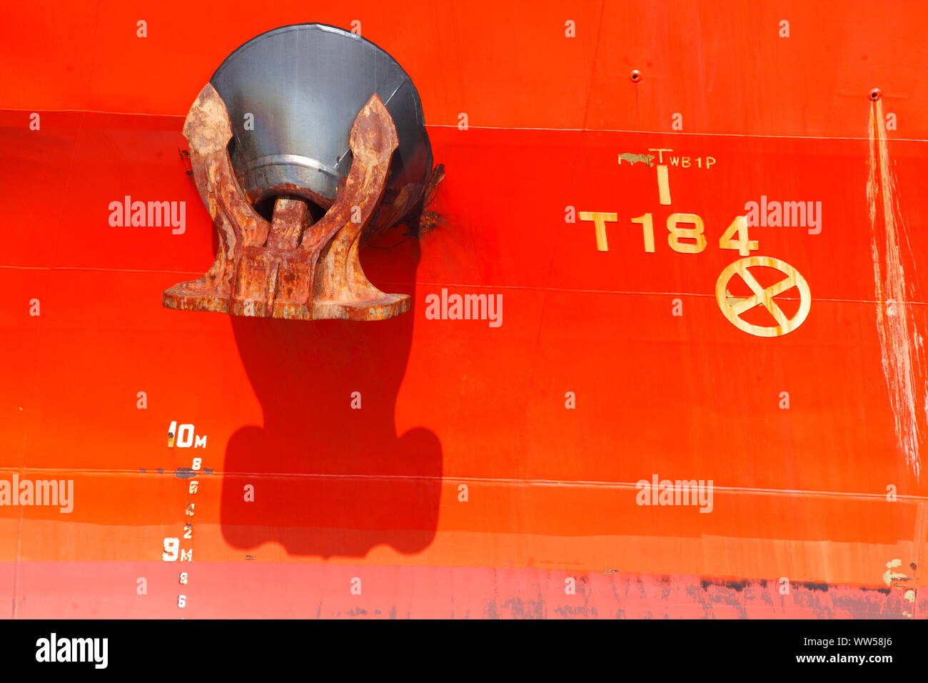 Red ship wall with anchor, industrial harbour, ship, Bremen, Germany ...