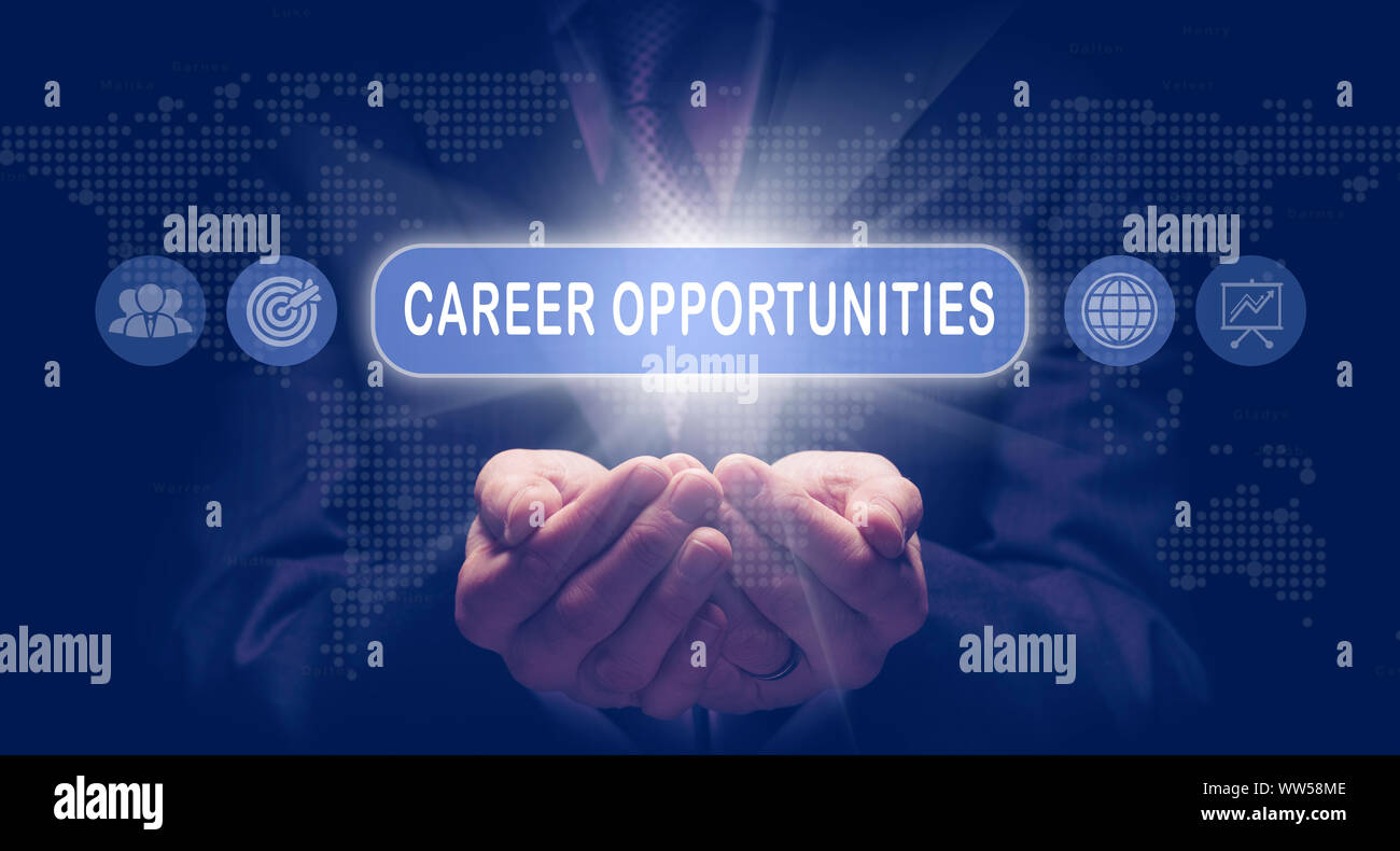 Businessmans cupped hands holding a Career Opportunities business ...